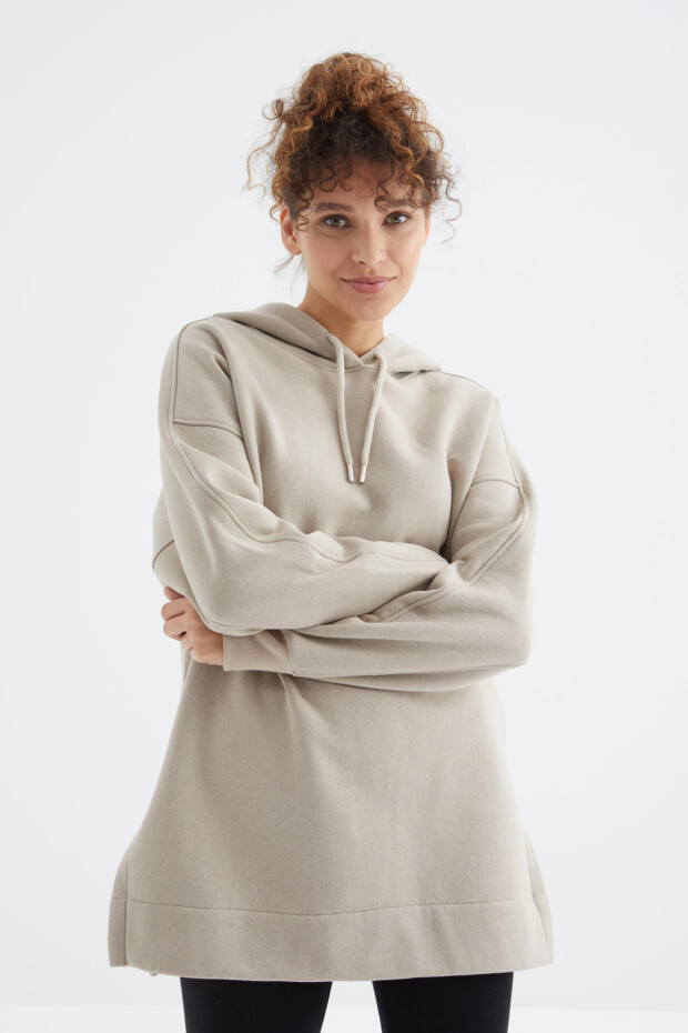 Koyu Bej Reglan Kol Basic Kapüşonlu Oversize Tunik - 97242 | TOMMYLIFE